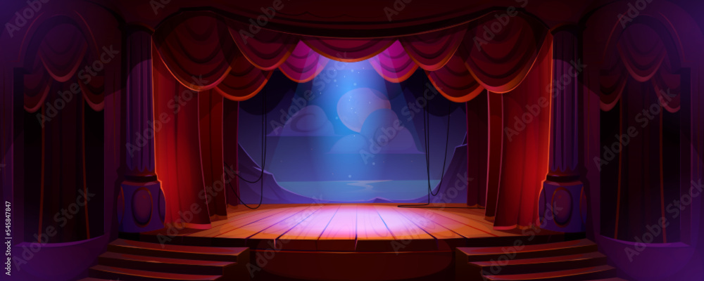 Theater stage with red curtains, spotlights and decor night ocean, moon ...