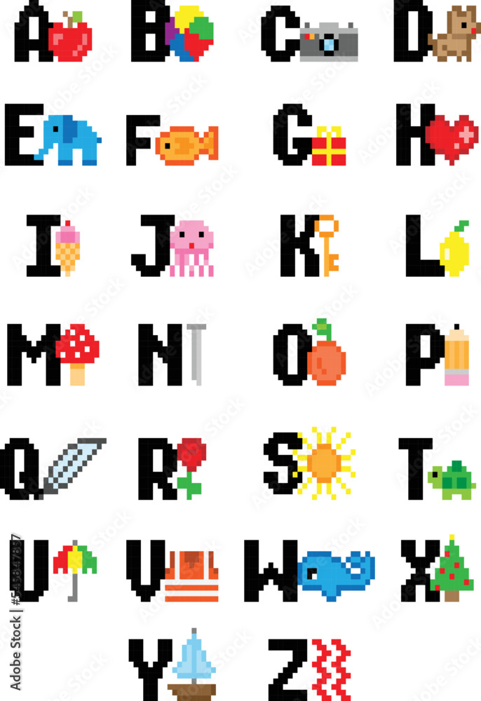 English alphabet Chart with pictures for children education. Pixel art ...