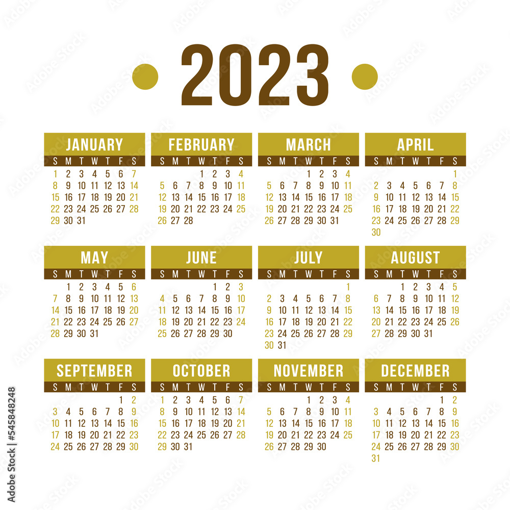 Calendar 2023. Color english square calender. January, February, March ...