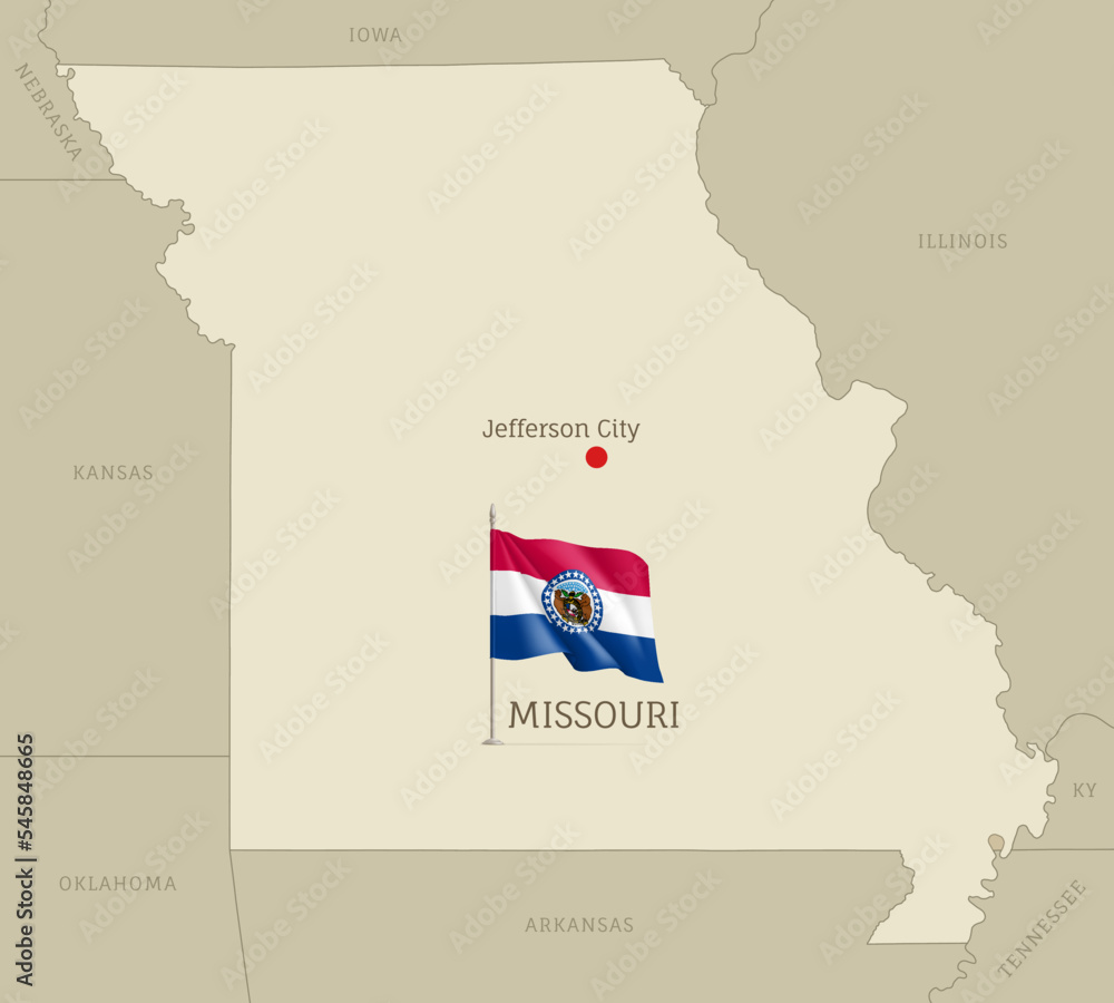Map of Missouri USA federal state with waving flag. Highly detailed ...