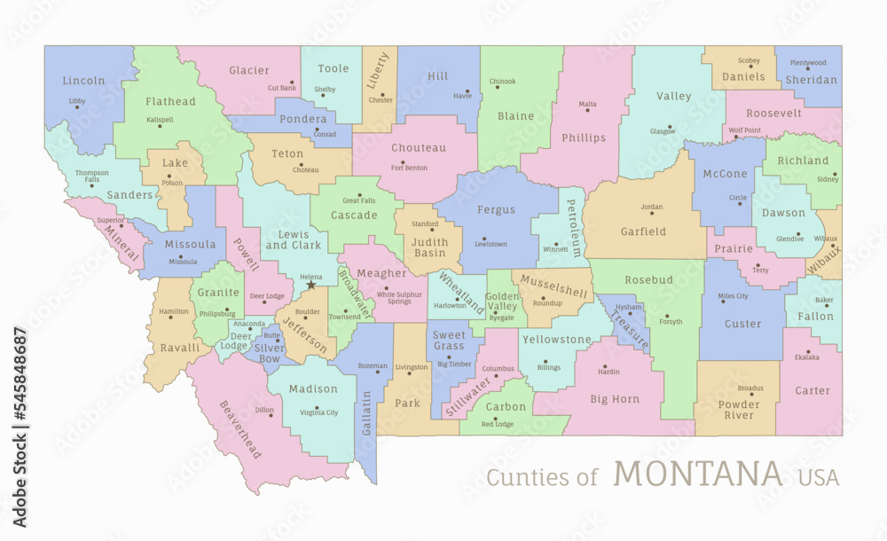 Counties of Montana, administrative map of USA federal state. Highly ...