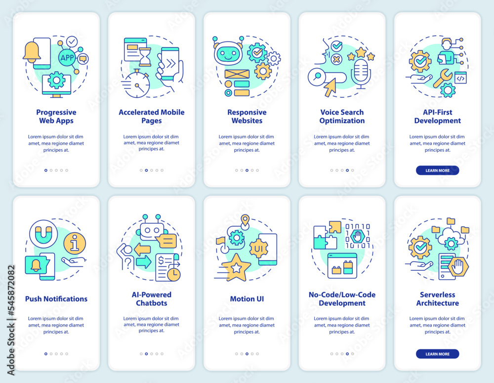Trends In Web Technology Onboarding Mobile App Screen Set Walkthrough 5 Steps Editable Graphic