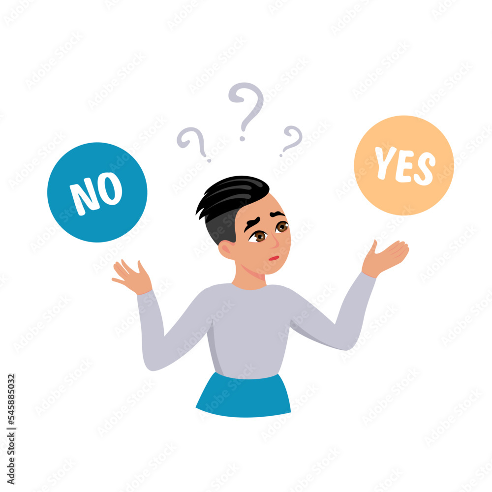 Cute boy thinking about something and question mark flies above him ...