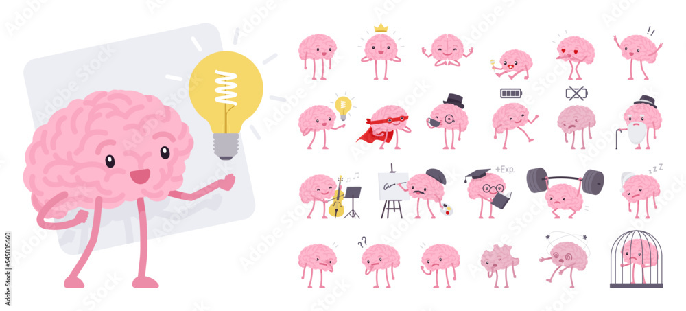 Human brain character bundle. Healthy inspired active memory, surprise ...