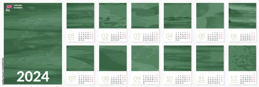 2024 calendar template with abstract green nature field landscape ...