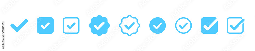 Checkmark icon. Blue check mark vector set. Checked checkbox sign ...