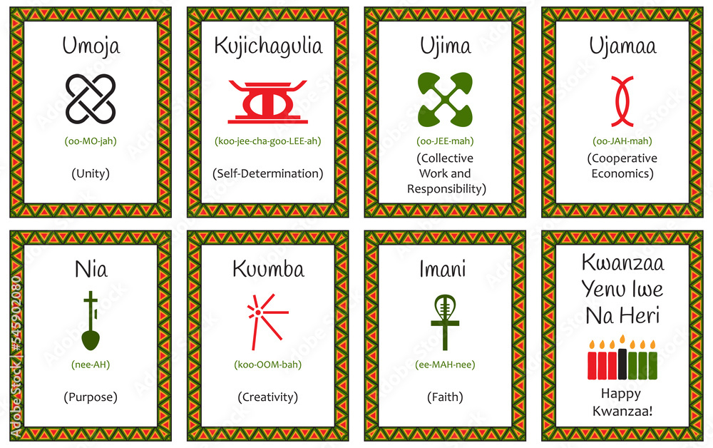A set of cards with seven signs of the Kwanzaa principles. Symbol with ...