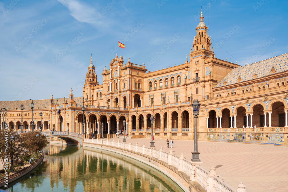 Spain, Seville. Spain Square, a landmark example of the Renaissance ...
