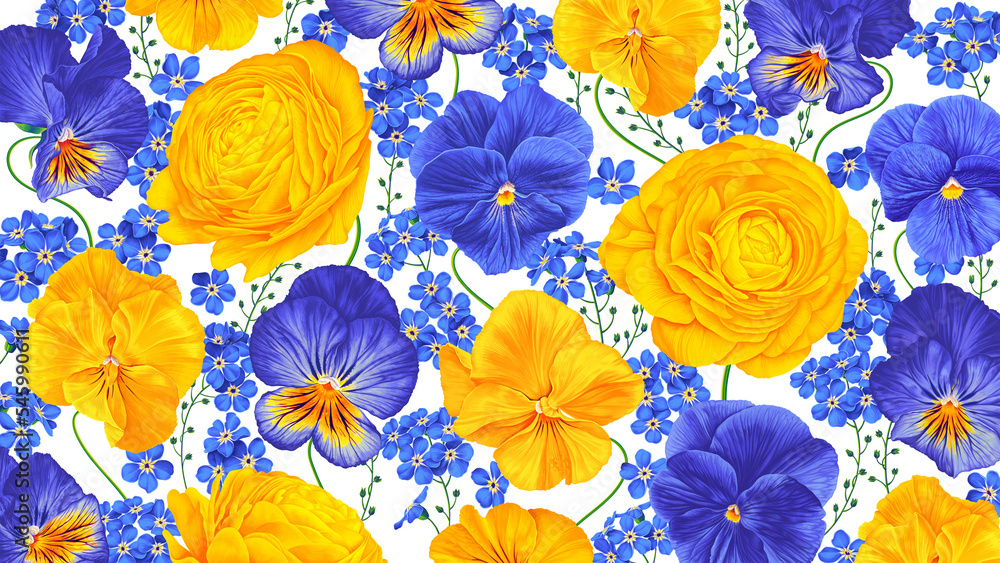 Horizontal floral background. Botanical illustration with yellow and ...