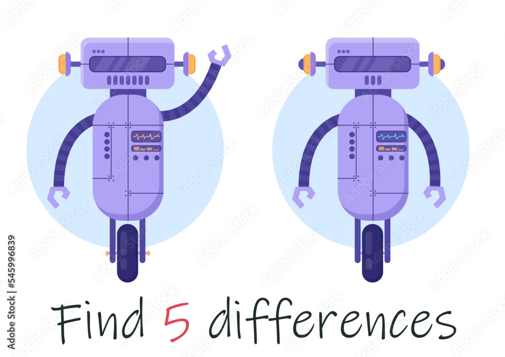 Vector illustration. Kids cartoon style. Find 5 differences. Robot ...