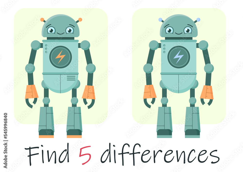 Vector illustration. Kids cartoon style. Find 5 differences. Robot ...