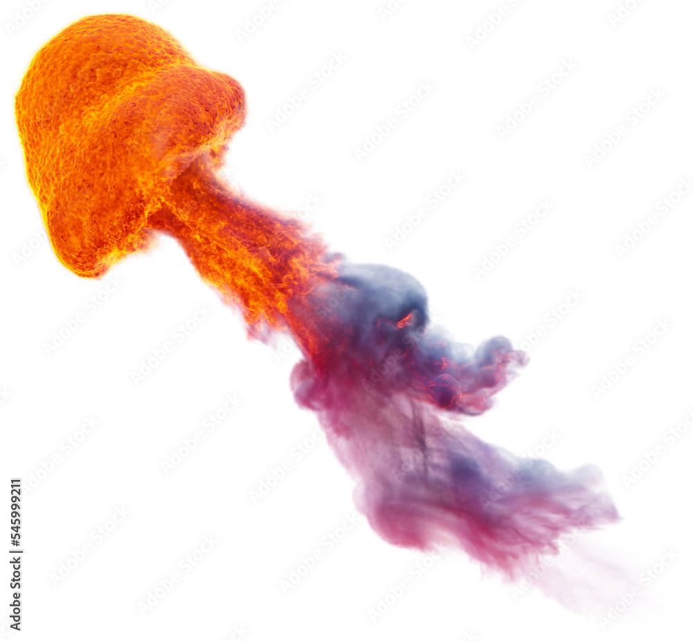 Fireball with smoke. Nuclear explosion. Fiery flame, 3d render ...
