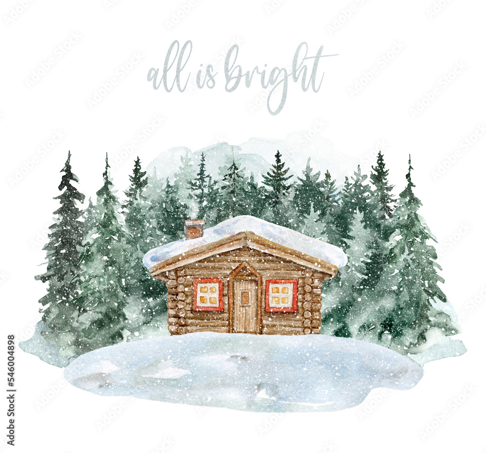 Watercolor winter woodland scene illustration. Log cabin in the snow ...