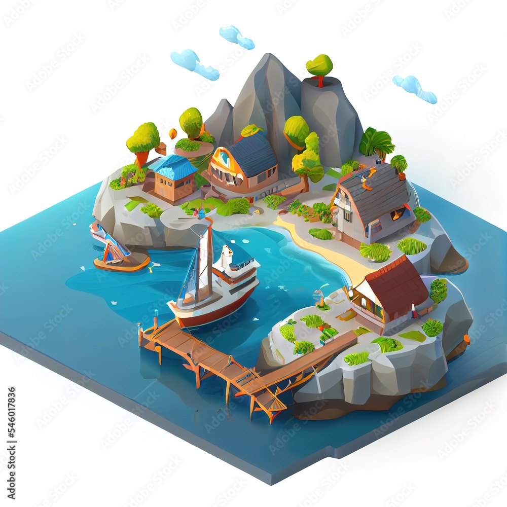 Isometric cartoon town with with marina bay and ships. Ai generated ...