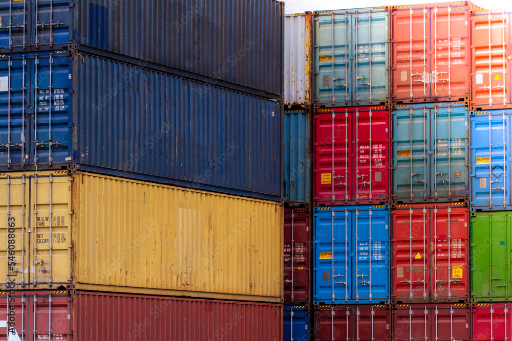 Cargo containers. Cargo container yard. Stack of freight containers at ...