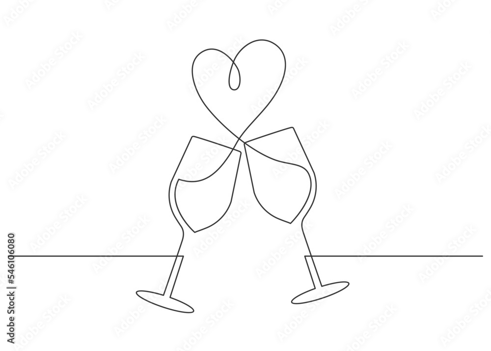 Continuous one line drawing of cheers two wine glasses. Heart shapes ...