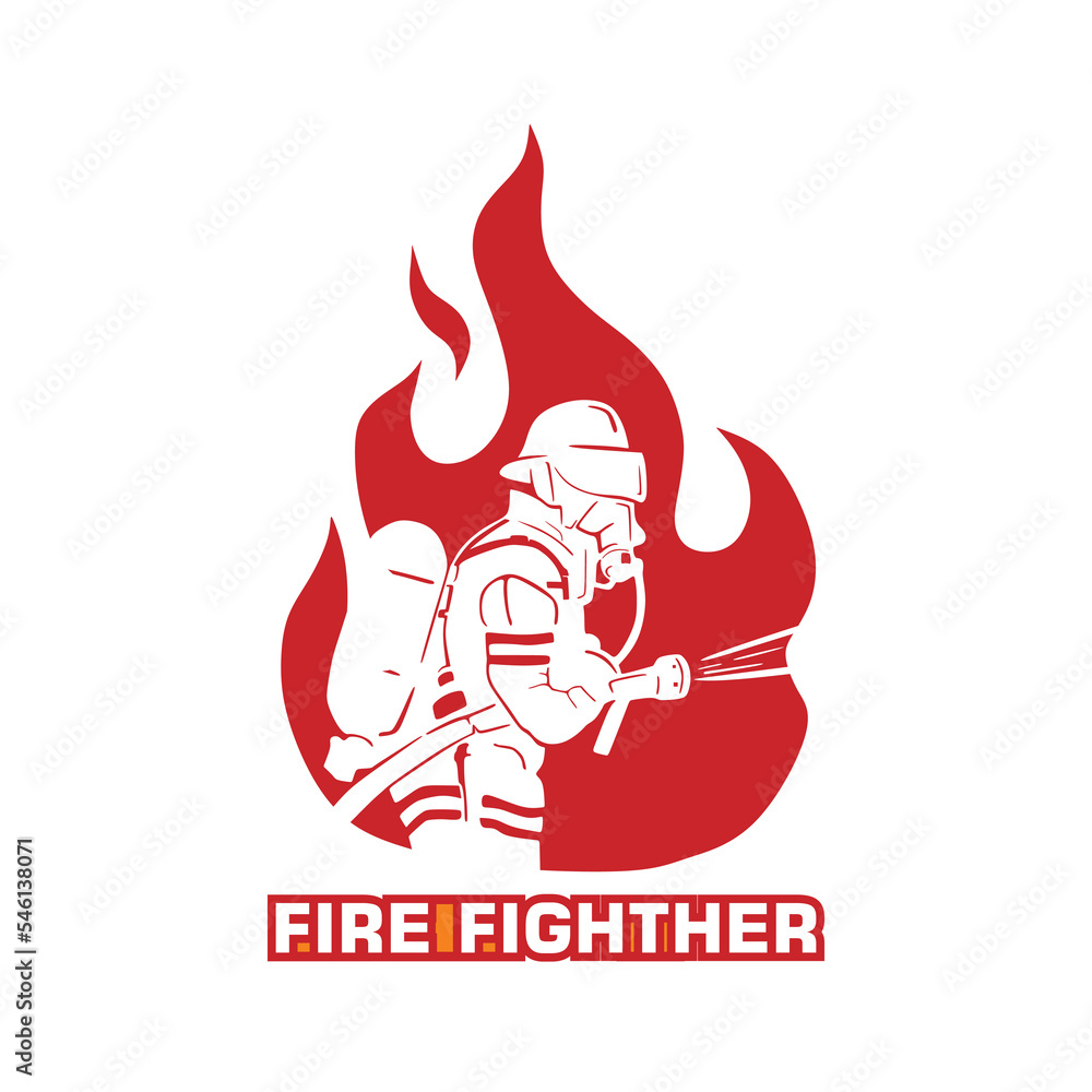 red fireman logo, silhouette of fire fighter and fire flames vvvector ...