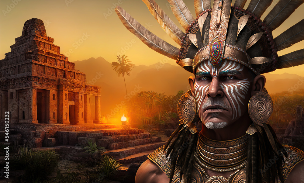 The great priest of the Aztecs near the pyramid. Realistic digital ...