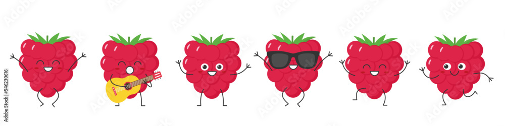 Raspberry set cute character cartoon delicious berry greet jump run ...
