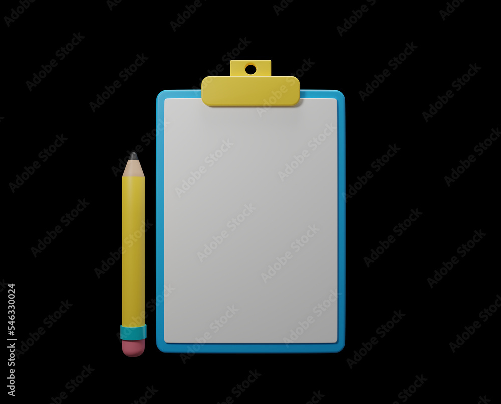 3D rendering illustration Cartoon minimal Clipboard and pencil with ...