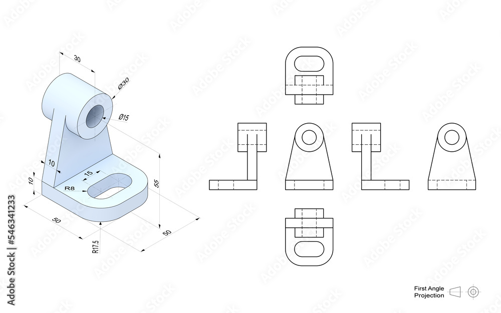 Technical drawing of a 3D model with a perspective and orthogonal views ...