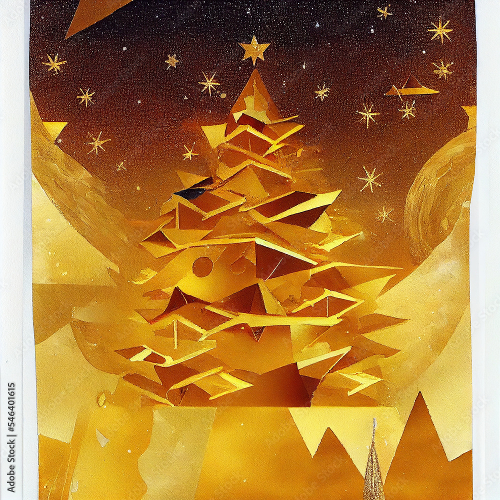 Christmas card design, with a golden geometric Christmas tree created ...