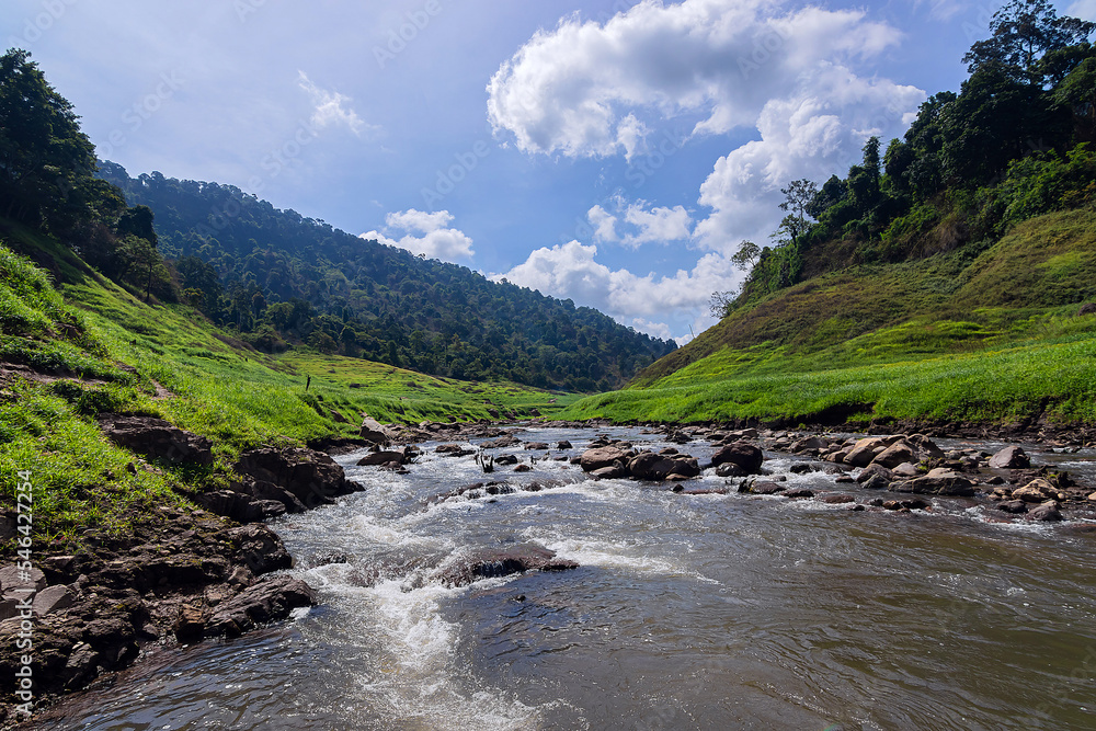 Khao Chong Lom Waterfall in the fresh green mountain. At Khun Dan ...
