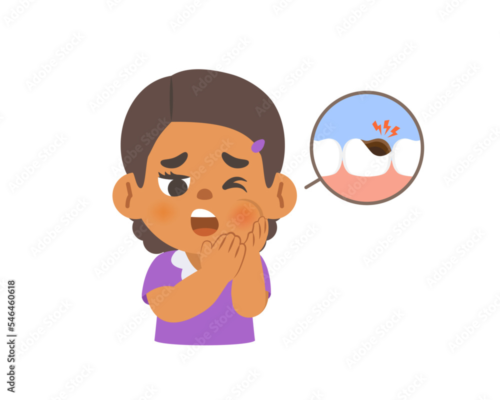 A black girl has a toothache because of tooth decay. illustration ...
