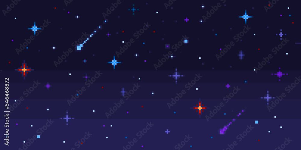 Pixel art night sky. Starry space with shooting stars, 8 bit pixelated video game galaxy ...