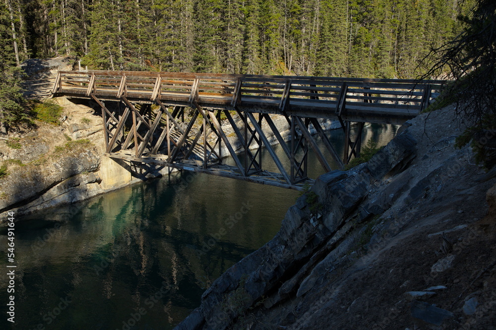 Footbridge over Stewart Canyon at Lake Minnewanka in Banff National ...