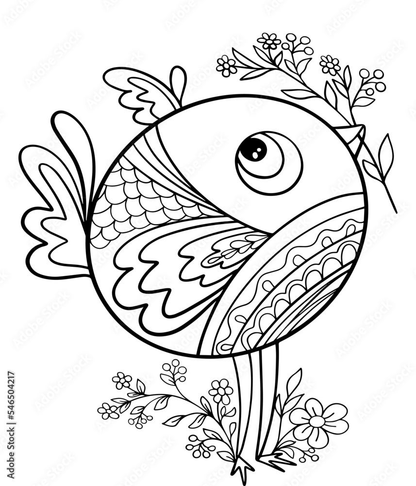 bird with flower outline doodle coloring book for kids graphic sketch ...
