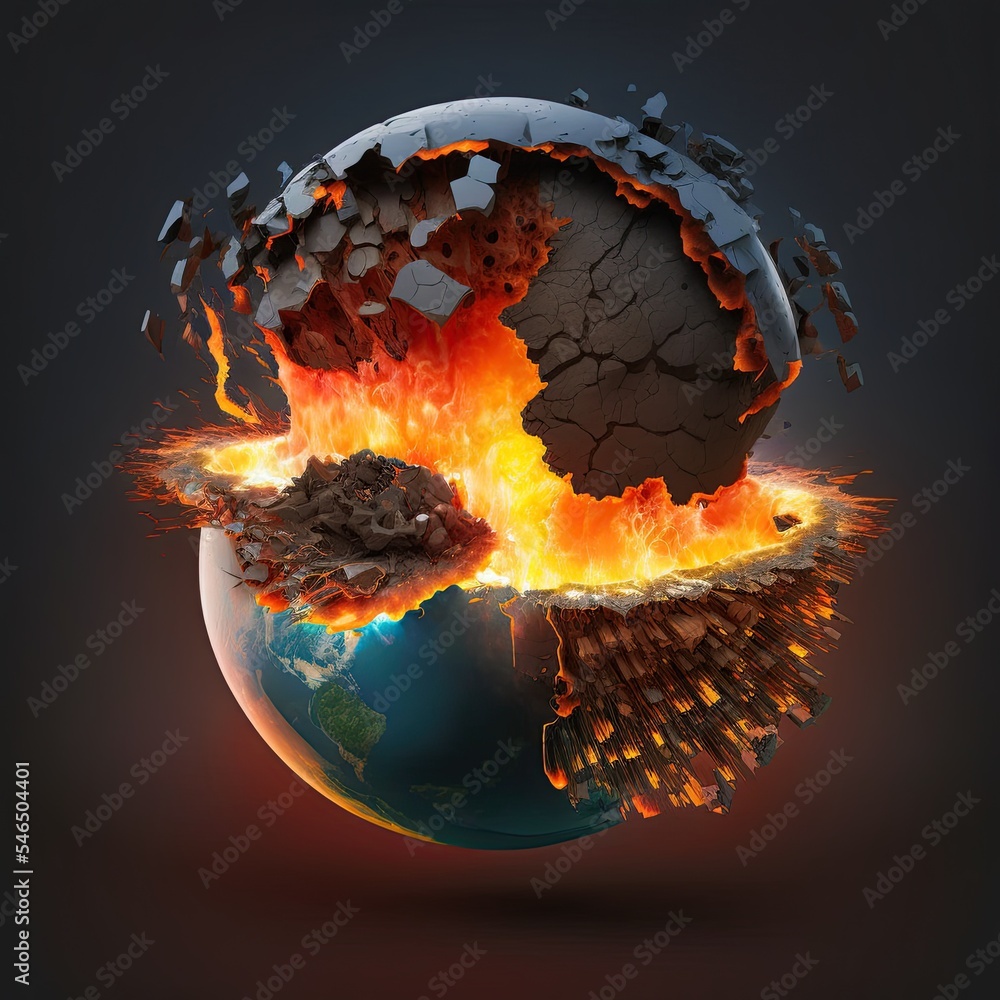 An apocalyptic war, an earth explosion, or a meteor impact in a cross ...