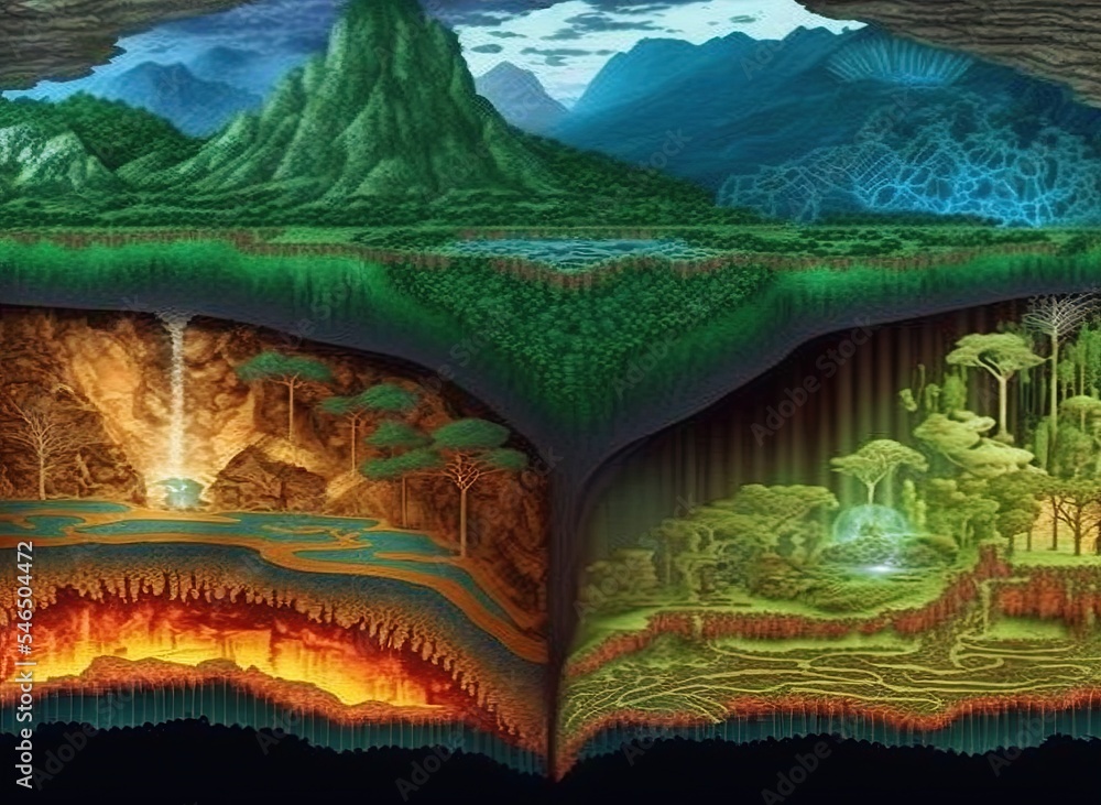 science fiction underground prehistoric world with valleys and jugles ...