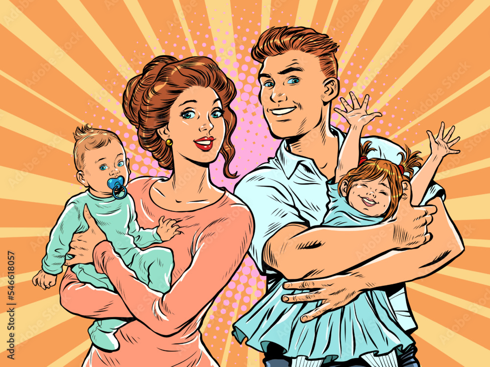 Family mom and dad with children in their arms. pop art retro ...