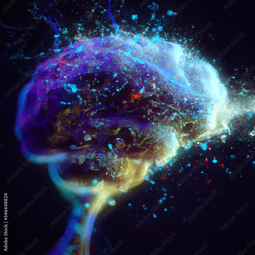 Brain seen in profile, exploded. Explosion, fragments and parts of the ...