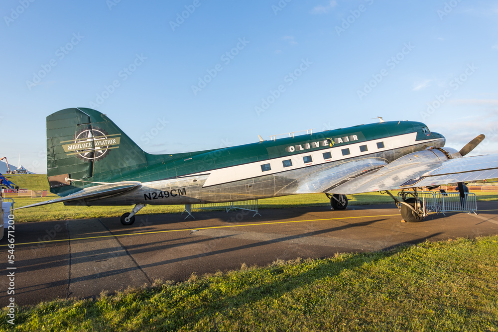 A historic Douglas DC-3 piston engine airplane of Olive Air / Morlock ...