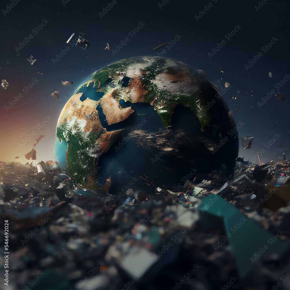 the planet earth collapsing under piles of waste to illustrate the ...