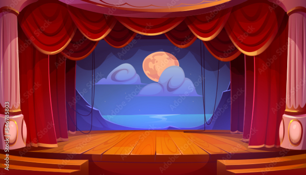 Empty theater stage with red curtains, wooden floor, columns. Vector ...