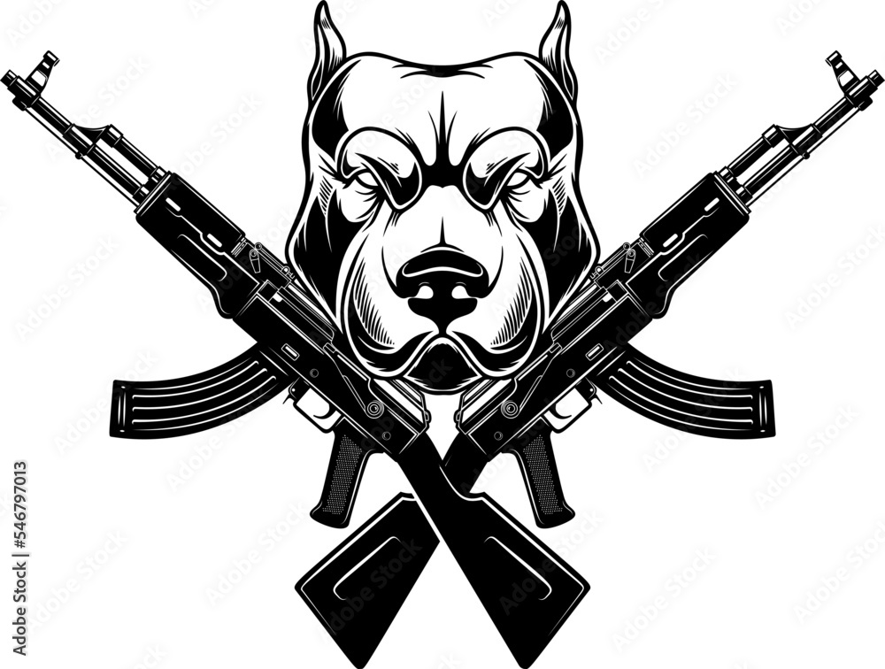 Angry dog head with crossed assault rifles. Design element for poster ...