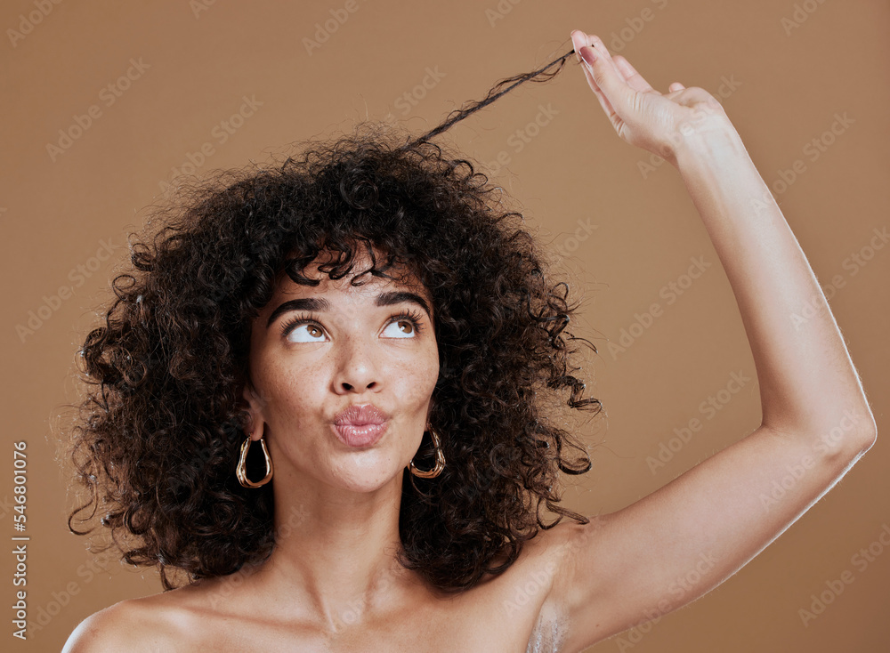 Hair care, black woman and hairstyle health texture of a model holding ...