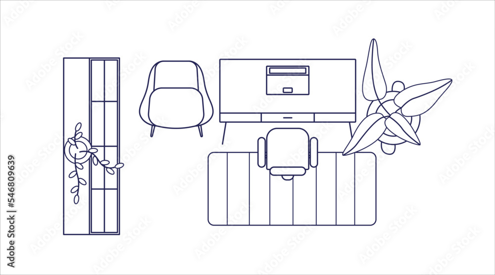 Workplace, office interior design, top view. Overhead layout, floor ...
