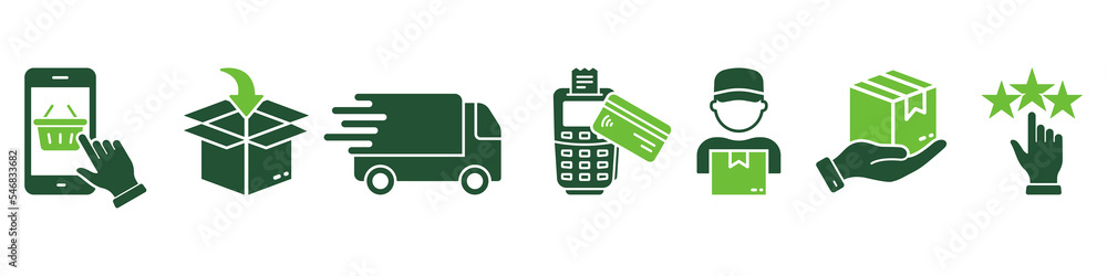 Shipping Purchase Order Guide Silhouette Icon Set. Delivery Process ...