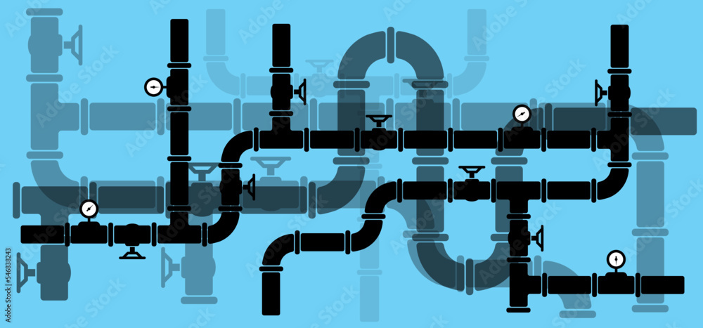 Water, oil or gas pipeline with fittings and valves. Pipeline and black ...