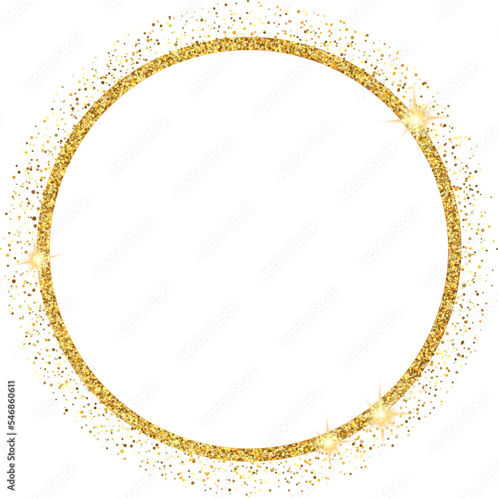 gold glitter cirlce frame with sparkling stars isolated on transparent ...