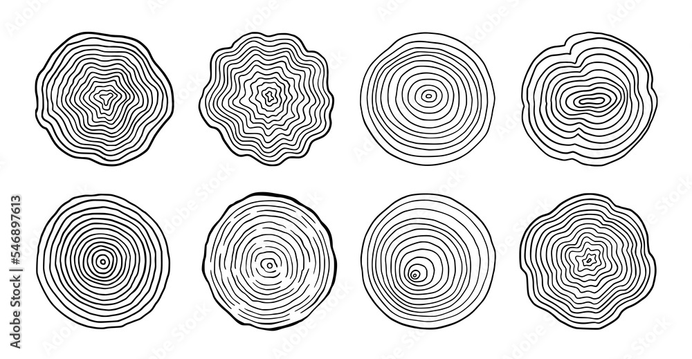 Tree ring wood circle set. Hand drawn tree ring pattern, line ripple ...