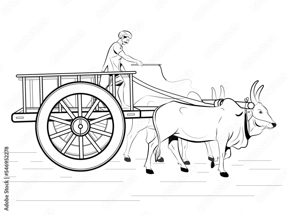 farmer riding a bullock cart Indian village Stock Vector | Adobe Stock