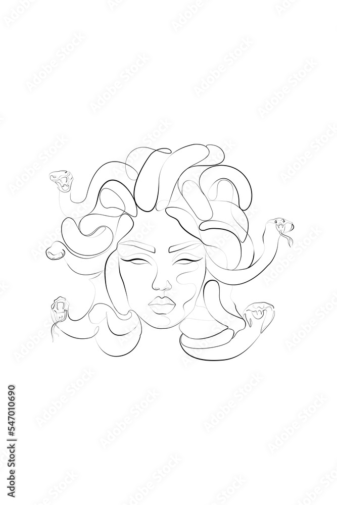 Medusa, Greek Mythology. Minimal one line female face, modern art for ...