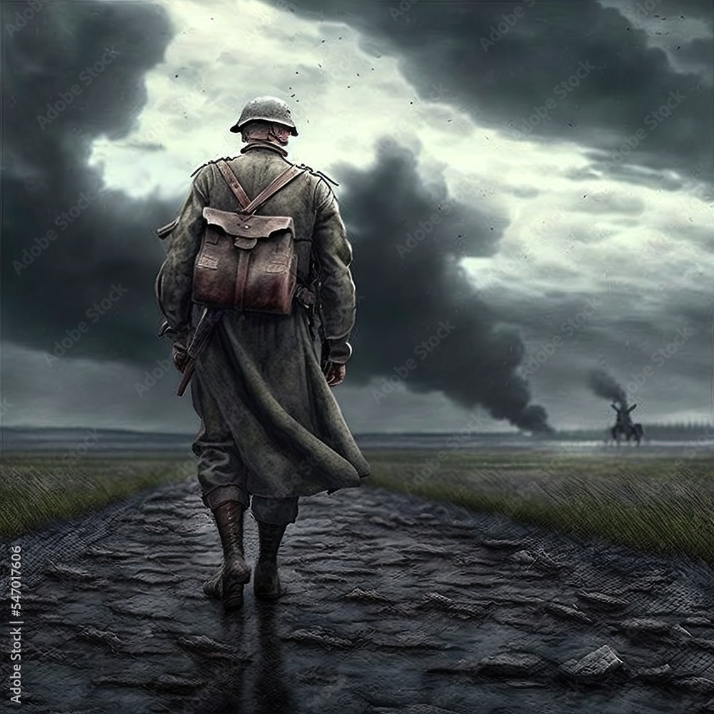 Lone Greman World War II Soldier Walking Away. Back View. Impactful ...