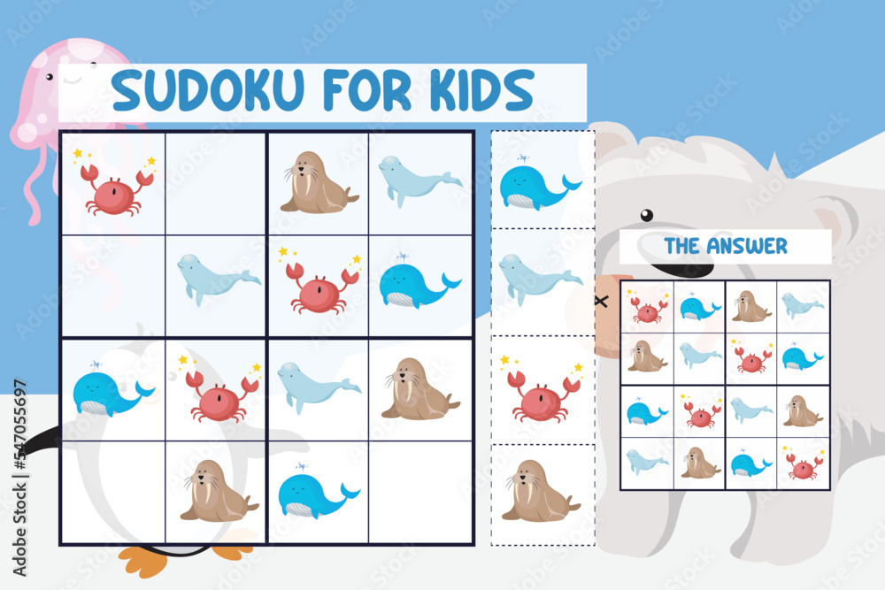 Printable Sudoku game for kids with animal theme. Brain exercise game ...