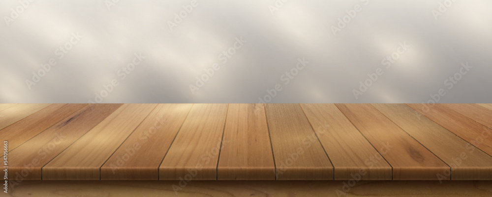Wooden kitchen tabletop with sunlight, wood table foreground front view ...